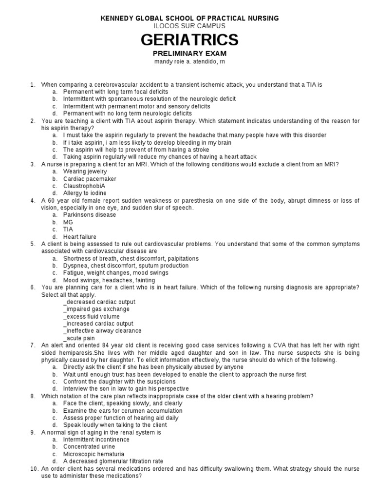 Geriatrics: Preliminary Exam | PDF | Health Sciences | Medical Specialties