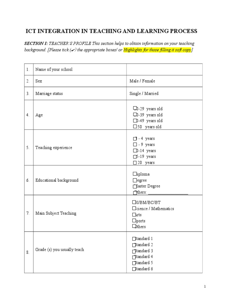 ICT Integration Survey | PDF | Teachers | Teaching