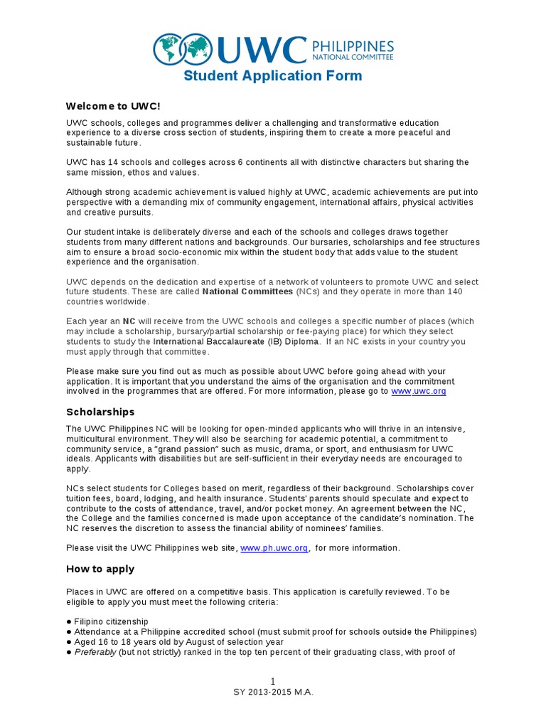 Student Application Form: Welcome To UWC! | PDF | Learning | Behavior Modification