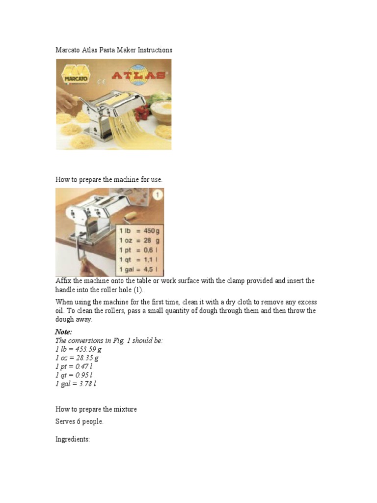Marcato Atlas Pasta Maker Instructions | PDF | Pasta | Staple Foods