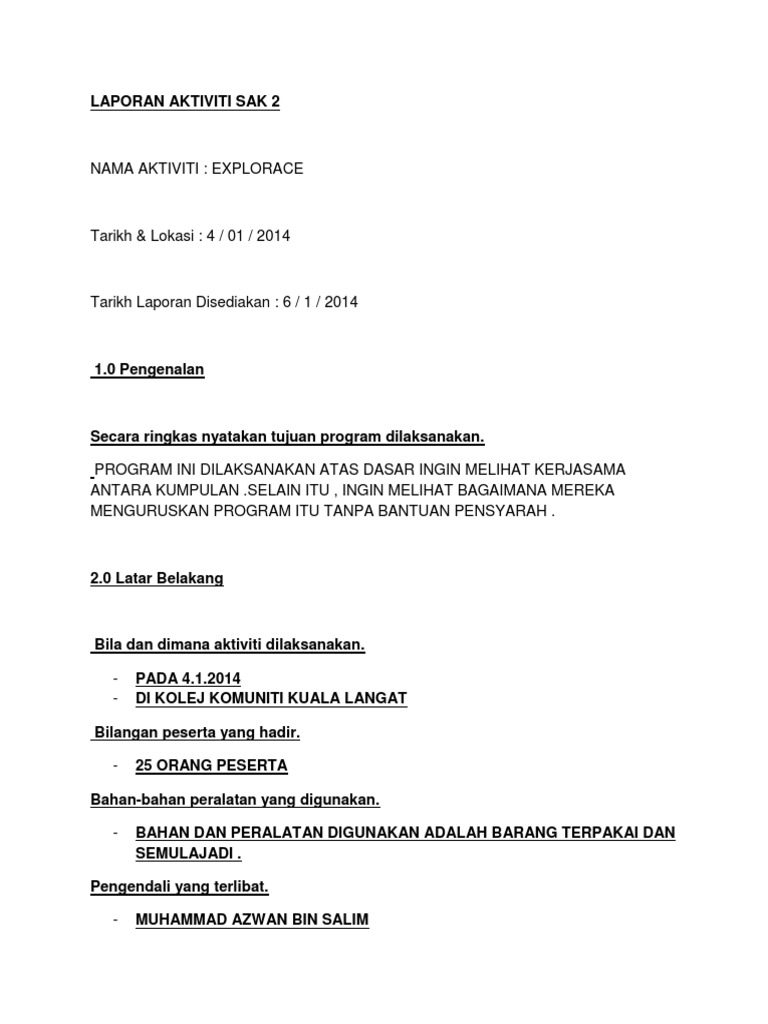 Laporan Aktiviti Explorace Sak 2 | PDF