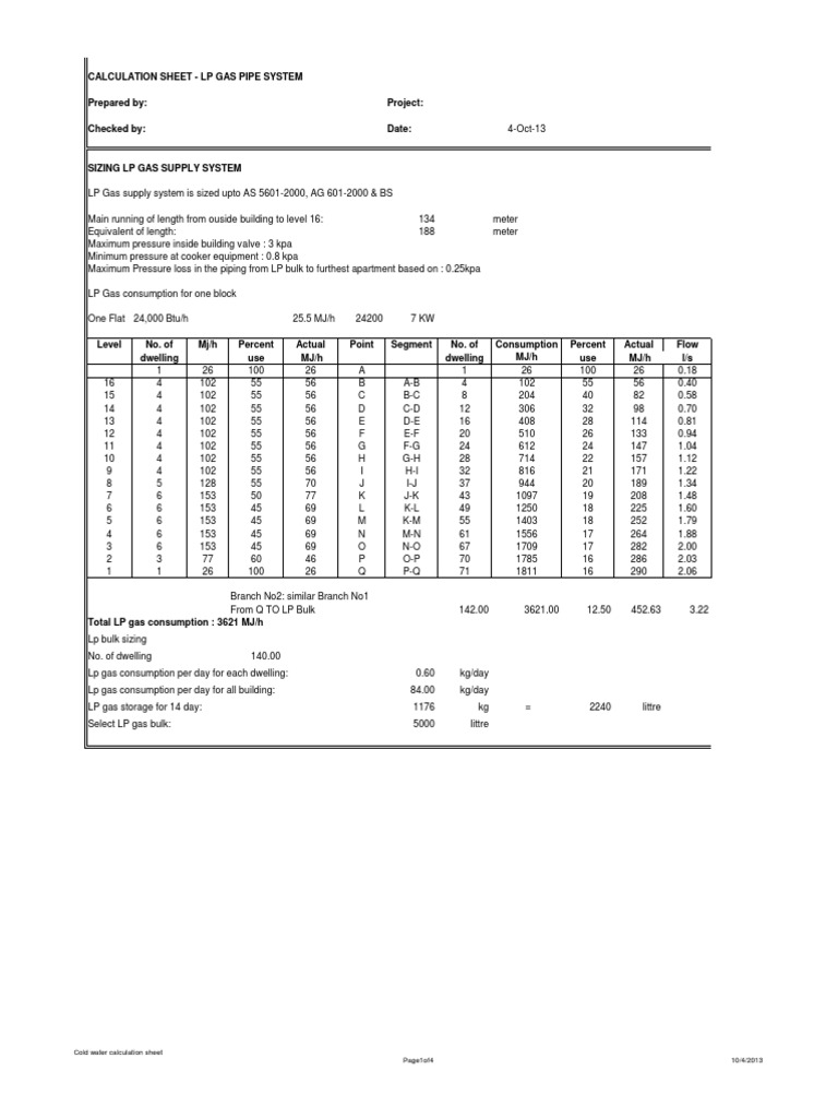 LP Gas Pipe Sizing Calculation Sheet | PDF