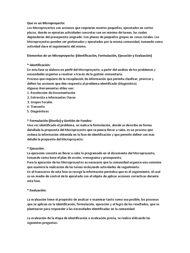 Que Es Un Microproyecto | PDF | Presupuesto | Evaluación