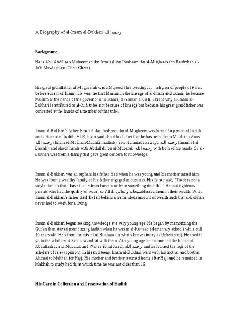 Biography of The Imam of Hadith Muhammad Ibn 'Ismail Al-Bukhari | PDF ...