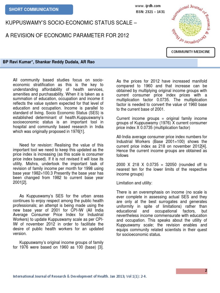 Kuppuswami Scale For SES | PDF | Socioeconomic Status | Economies