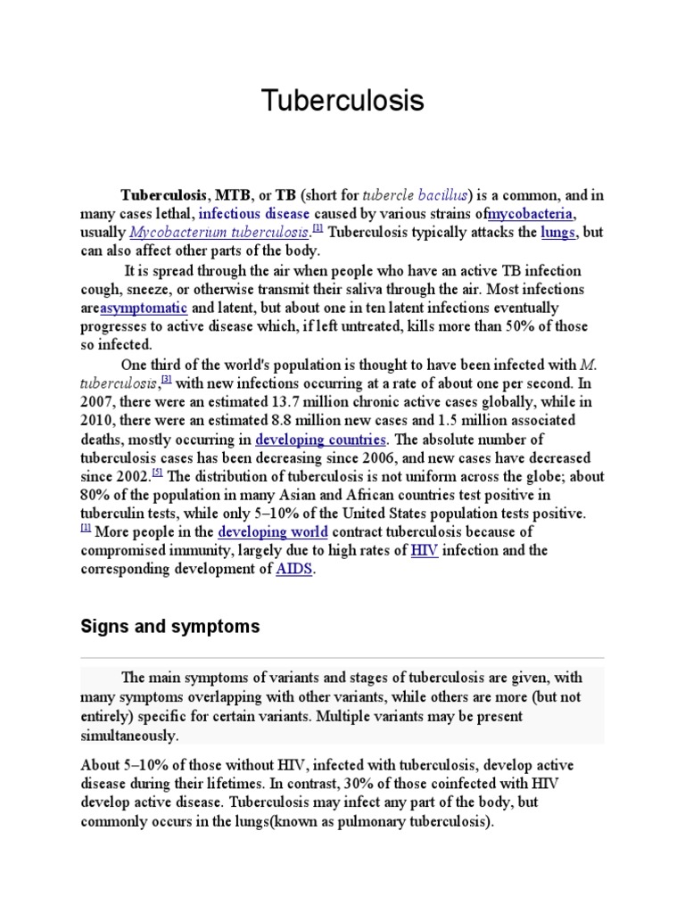 Tuberculosis: Tuberculosis, MTB, or TB (Short For Tubercle | PDF ...