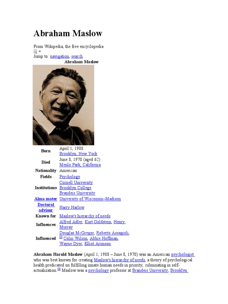 Abraham Maslov | PDF | Humanistic Psychology | Humanism