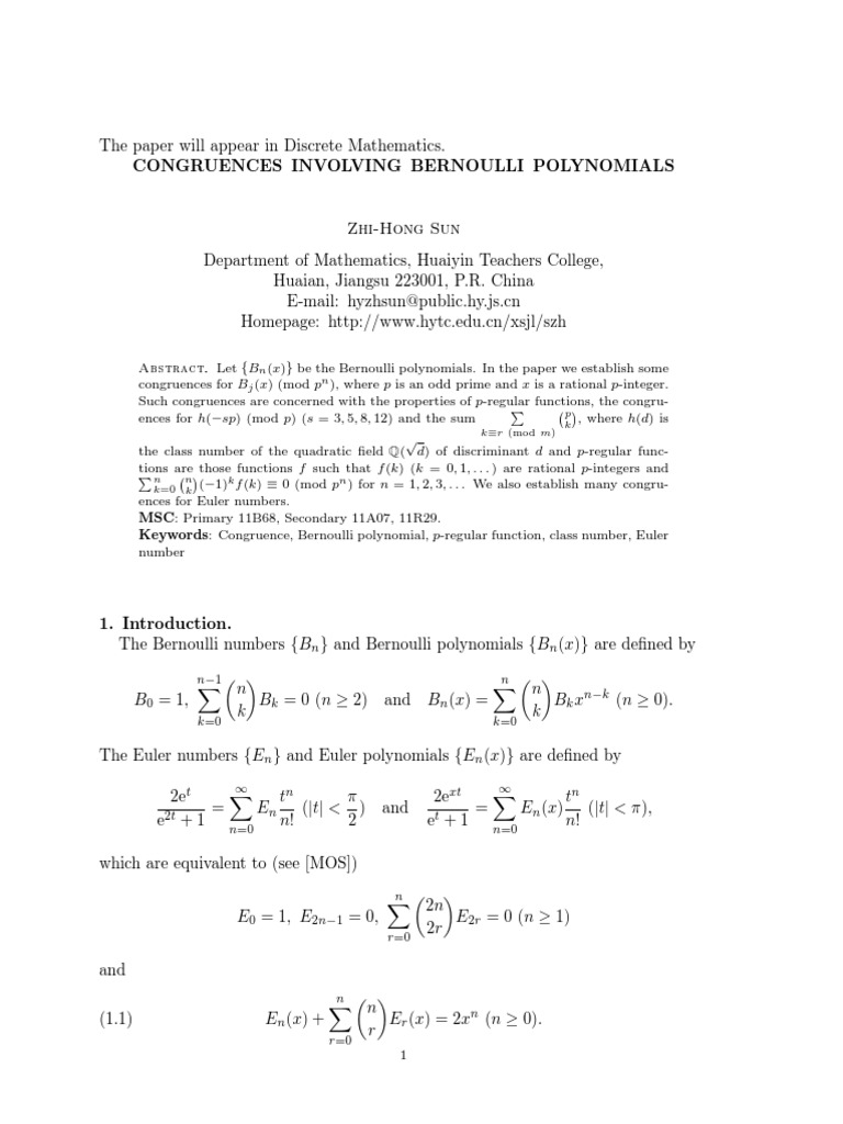 Congruences Involving Bernoulli Polynomials | PDF | Prime Number ...