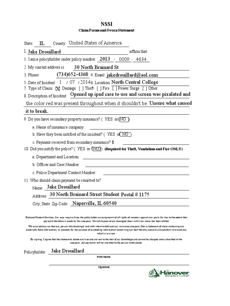 United States of America 0009 4634: Claim Forms and Sworn Statement ...