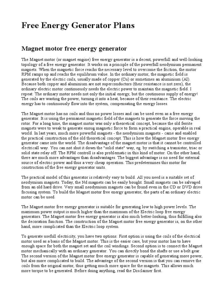 Free Energy Generator Plans | PDF | Electric Motor | Electric Generator