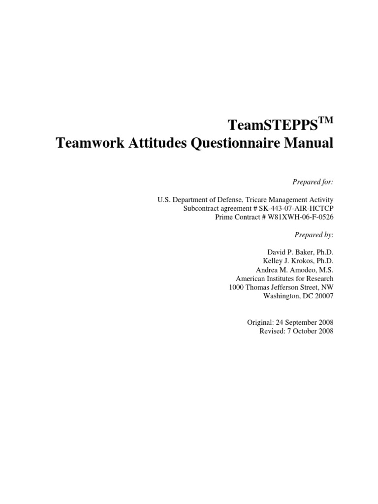 Teamstepps Teamwork Attitudes Questionnaire Manual: Prepared For | PDF ...