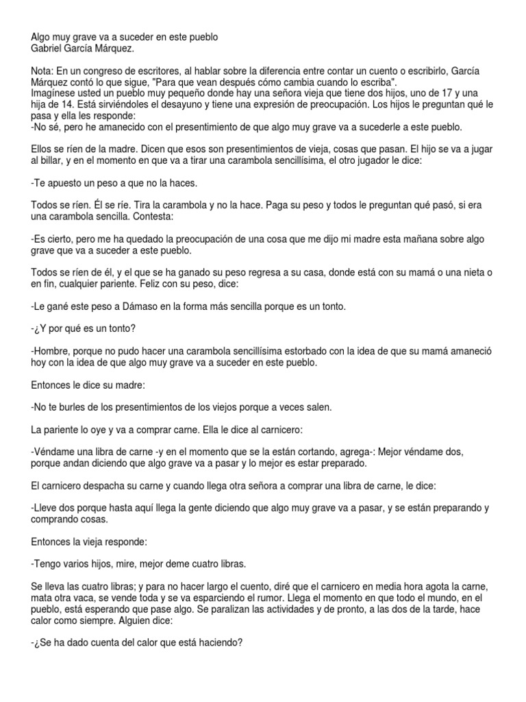 Algo Muy Grave Va A Suceder en Este Pueblo | PDF | Gabriel García Márquez