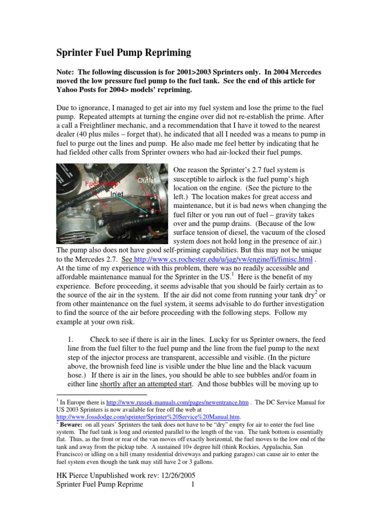 Fuel Pump Re Prime | PDF | Mercedes Benz Sprinter | Diesel Engine