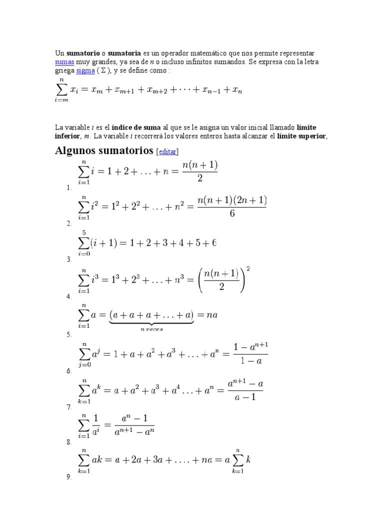 Fórmulas de Sumatorias Matemáticas | PDF