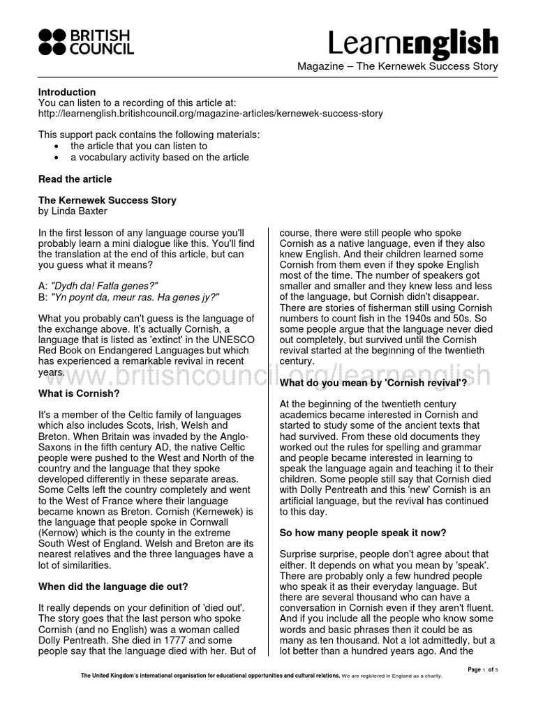 Learnenglish Magazine Kernewek Success Story Support Pack 0 | PDF ...