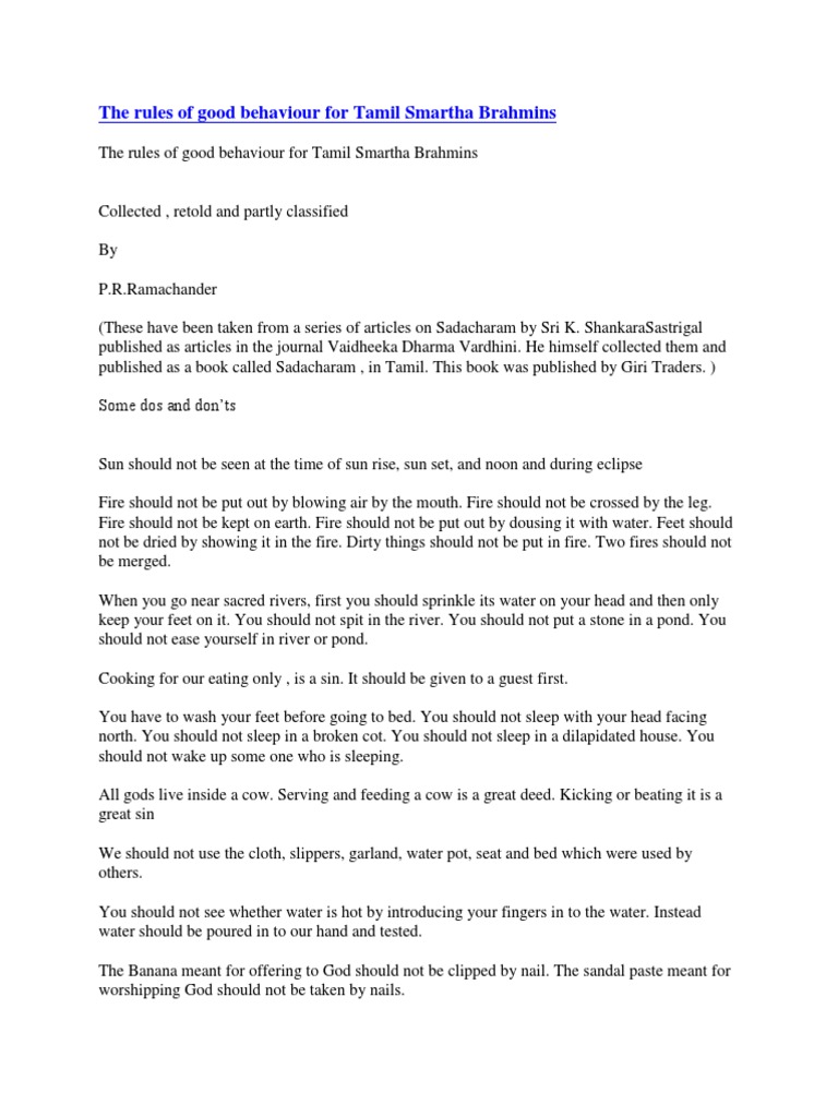 The Rules of Good Behaviour For Tamil Smartha Brahmins | PDF | Vedas ...