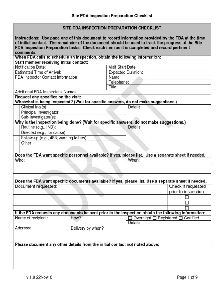 Site FDA Inspection Preparation Checklist v1 (1) .0 22nov10 | PDF