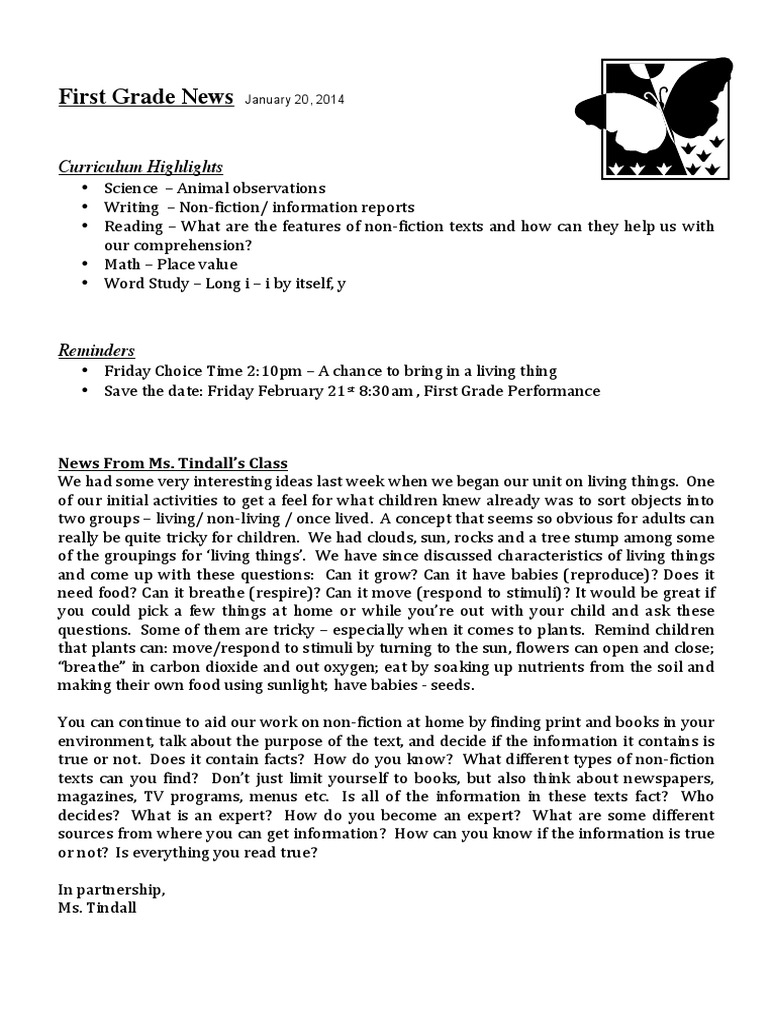 First Grade News: Curriculum Highlights | PDF | Cognition