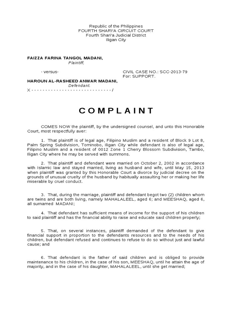 Sample Complaint For Support | Complaint | Practice Of Law