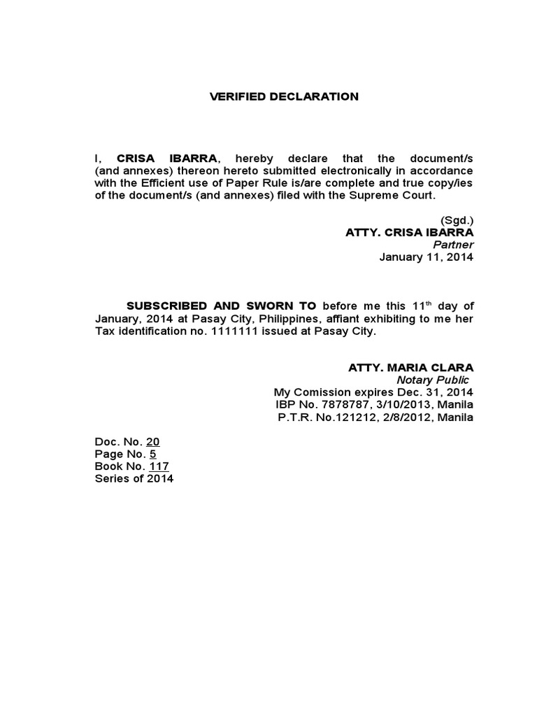 REQUIRED Verified Declaration Pursuant To A.M. No. 10-3-7-SC (Re ...