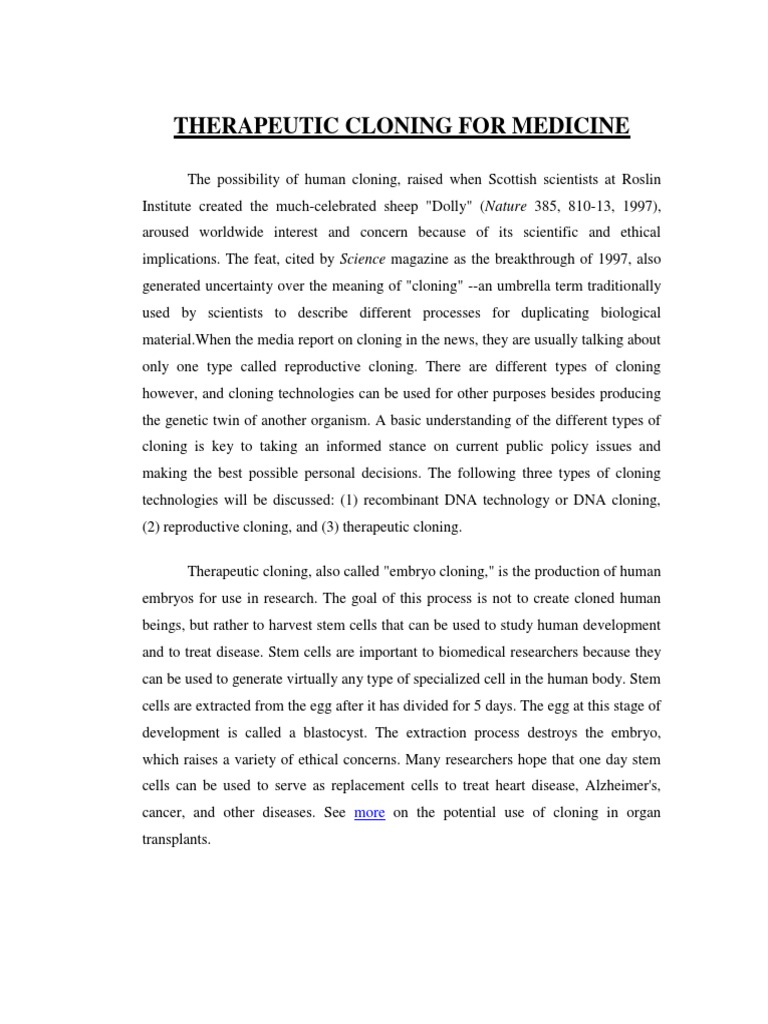 Therapeutic Cloning For Medicine | PDF | Cloning | Organ Transplantation