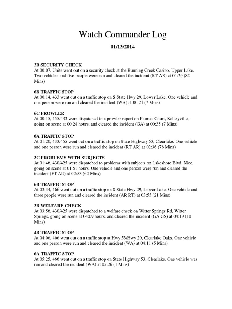 Lake County Sheriff's Watch Commander Logs | PDF | Traffic Stop | Law ...