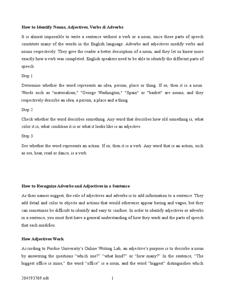 How To Identify Nouns, Adjectives, Verbs and Adverbs | PDF | Adverb ...