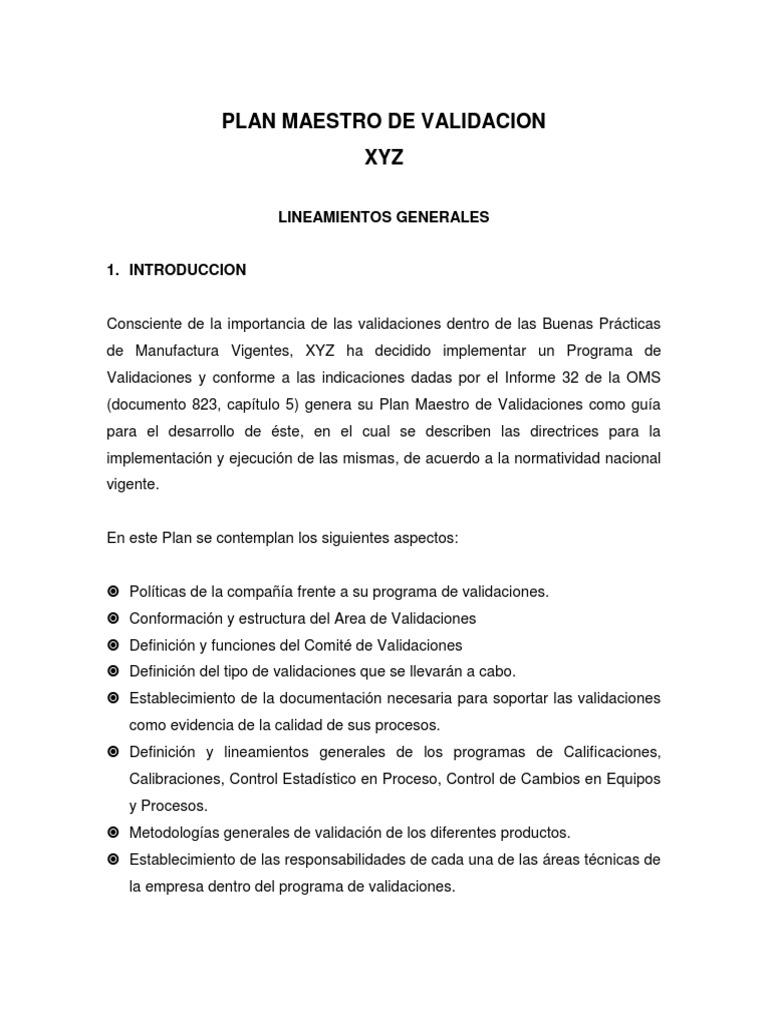 Ejmeplo de Plan Maestro de Validaciones Ejemplo | PDF | Calidad (comercial) | Estadísticas