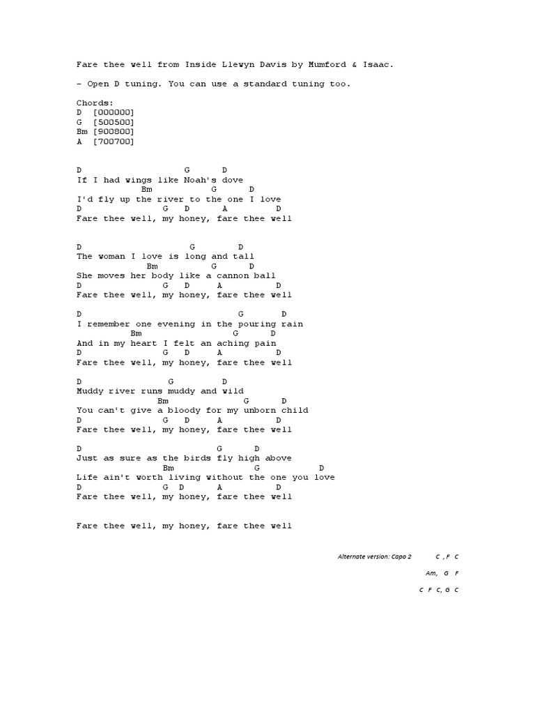 Fare Thee Well Chords From Inside Llewyn Davis | PDF