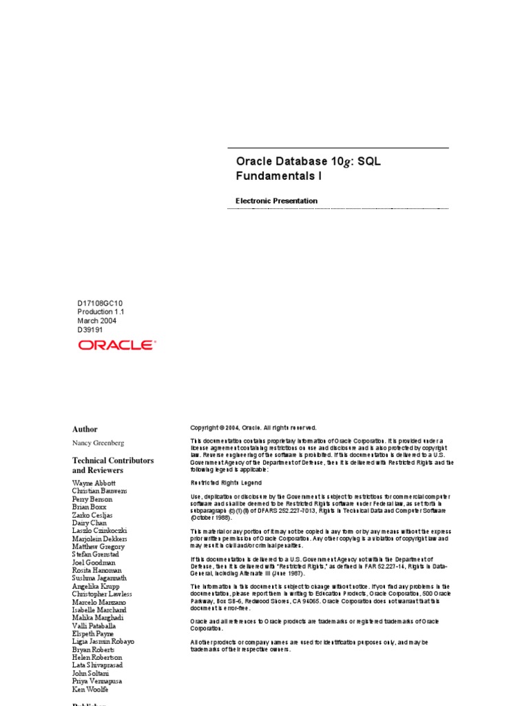 Oracle Database 10g: SQL Fundamentals I: D17108GC10 Production 1.1 March 2004 D39191 | PDF