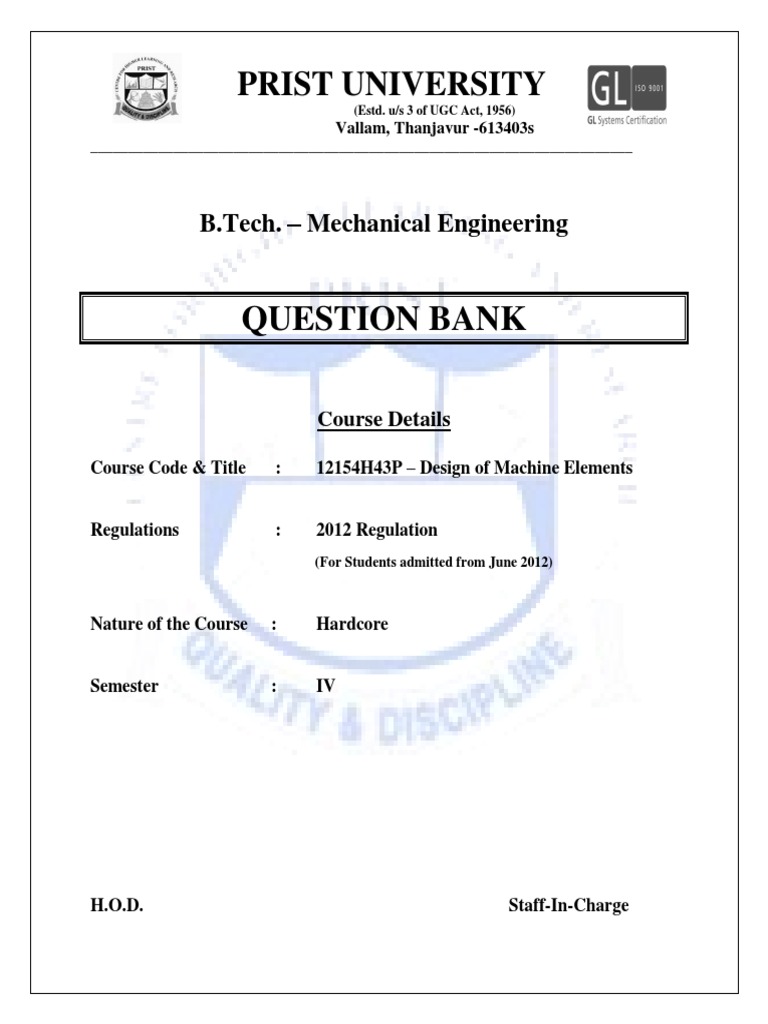 Design of Machine Elements Question Bank | PDF | Screw | Stress (Mechanics)