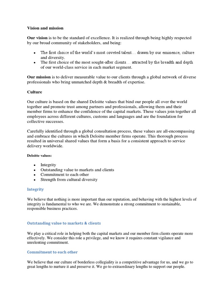 Vision and Mission - Deloitte | PDF | Cultural Diversity | Economies