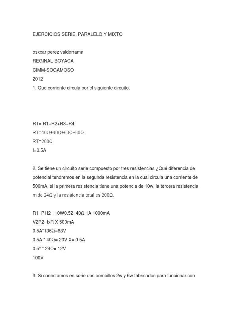 Ejercicios Serie, Paralelo y Mixto | PDF | Resistencia Eléctrica y Conductancia | Corriente ...