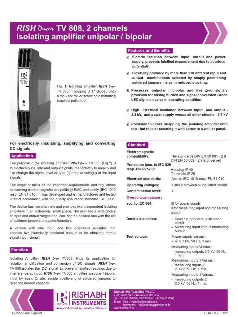 RISH Ducer TV 808 Isolating Amplifier | PDF | Power Supply | Amplifier