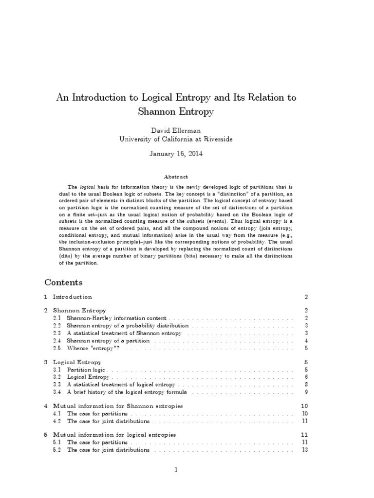 David Ellerman - An Introduction To Logical Entropy and Its Relation To ...