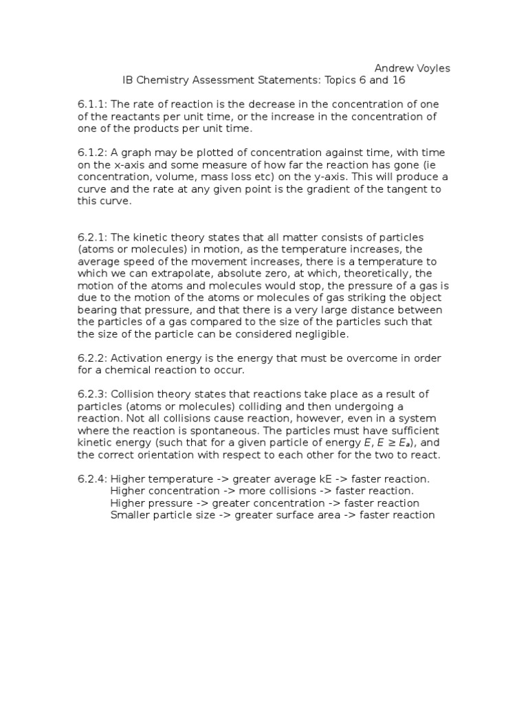 IB HL Chemistry Assessment Statements Topic 6 and 16 | PDF | Reaction ...