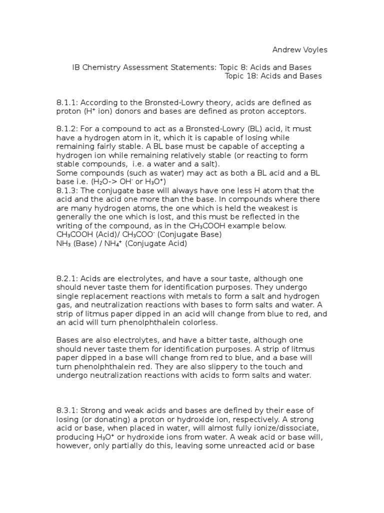 IB HL Chemistry Assessment Statements Topics 8 and 18 | PDF | Acid | Ph