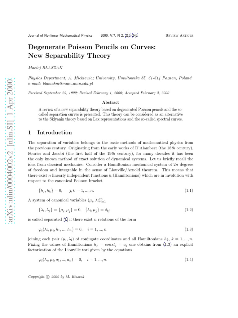 Degenerate Poisson Pencils On Curves New Separability Theory - Blaszak | PDF | Hamiltonian ...