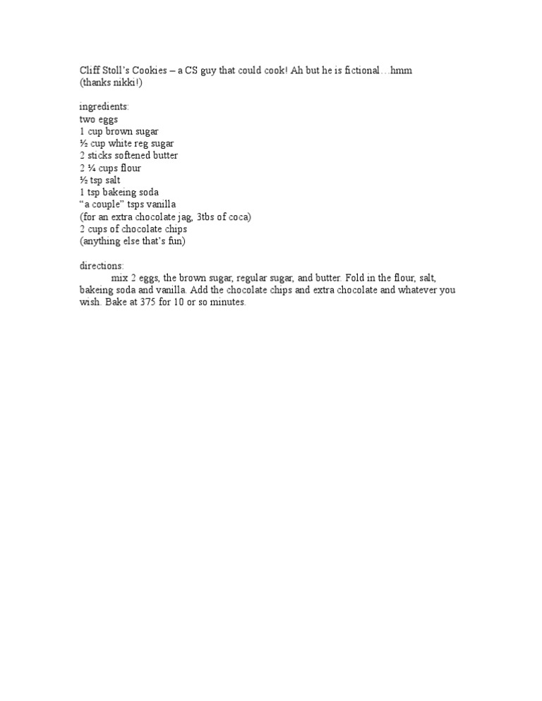 Cliff Stoll's Chocolate Chip Cookies | PDF | Chocolate Chip | Baked Goods