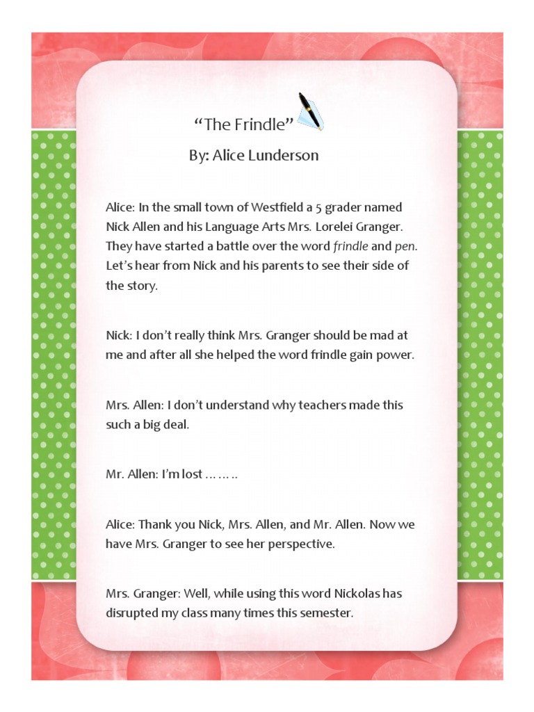 "The Frindle": By: Alice Lunderson | PDF | Language Arts & Discipline ...
