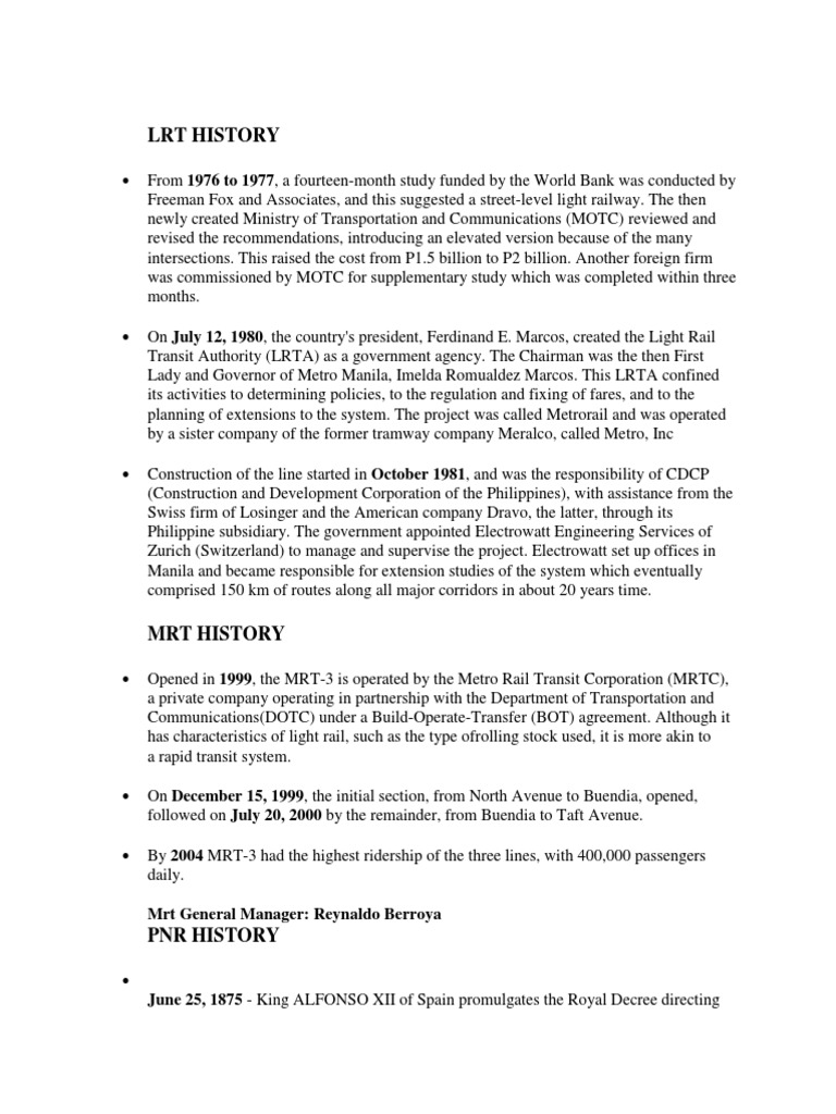 LRT MRT PNR History | PDF | Rail Transport | Transportation Engineering