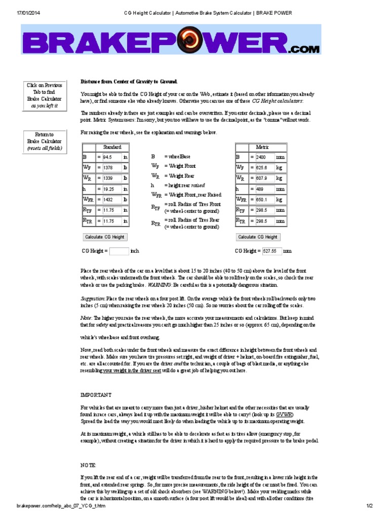 CG Height Calculator - Automotive Brake System Calculator - BRAKE POWER ...