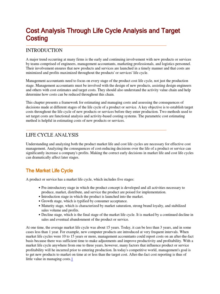 Cost Analysis Through Life Cycle Analysis and Target Costing | PDF ...