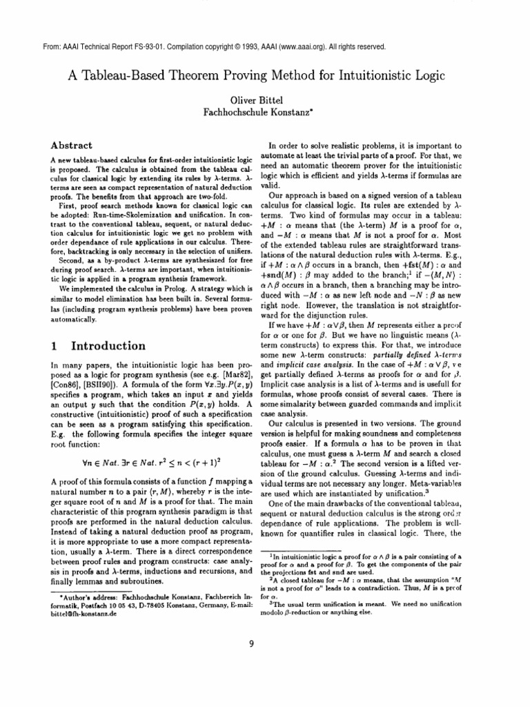A Tableau-Based Theorem Proving Method For Intuitionistic Logic | PDF | First Order Logic | Logic