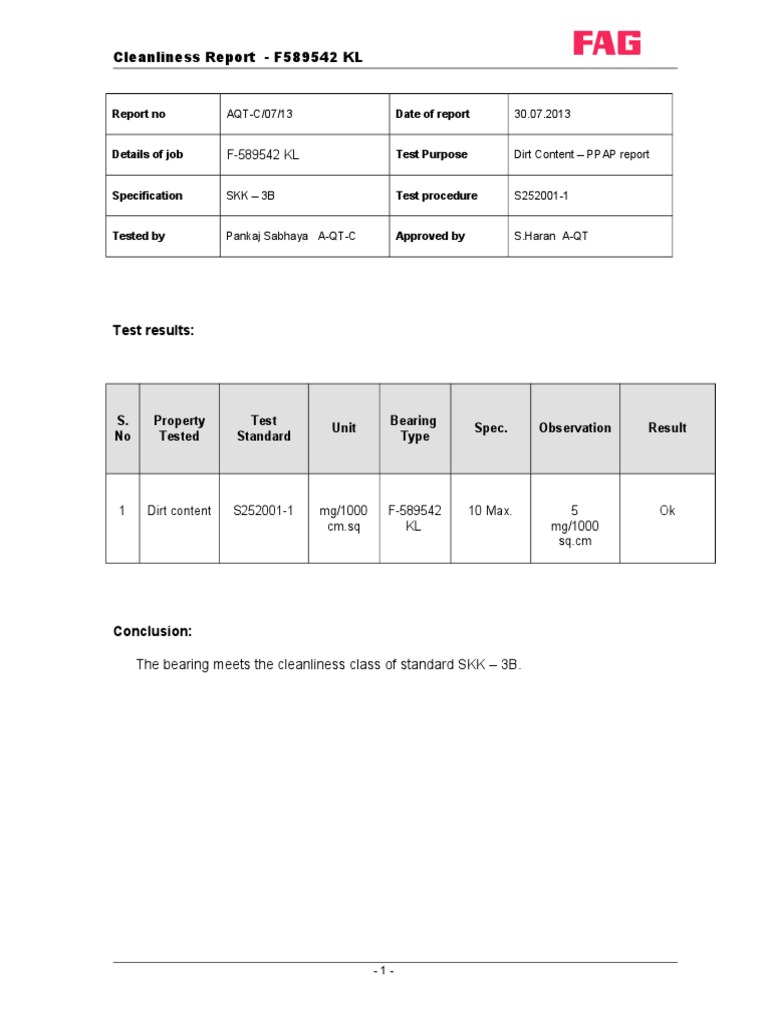 Cleanliness Report - F589542 KL: Test Results | PDF