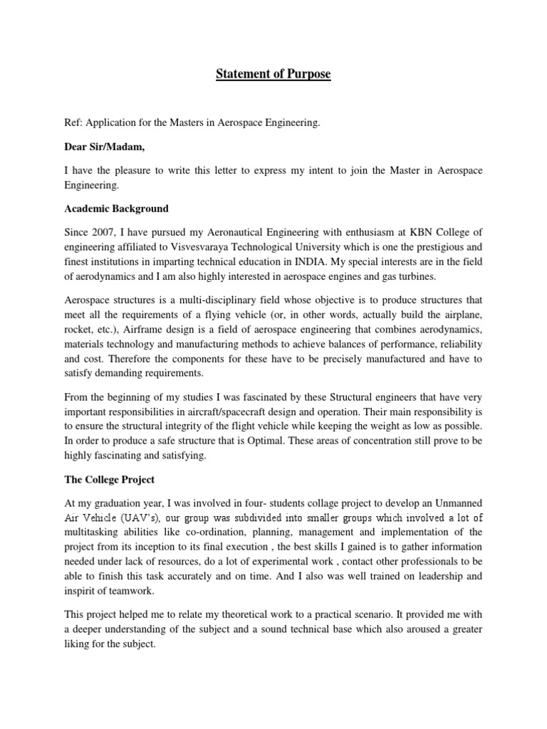 Statement of Purpose: Dear Sir/Madam | PDF | Aerospace Engineering | Engineering