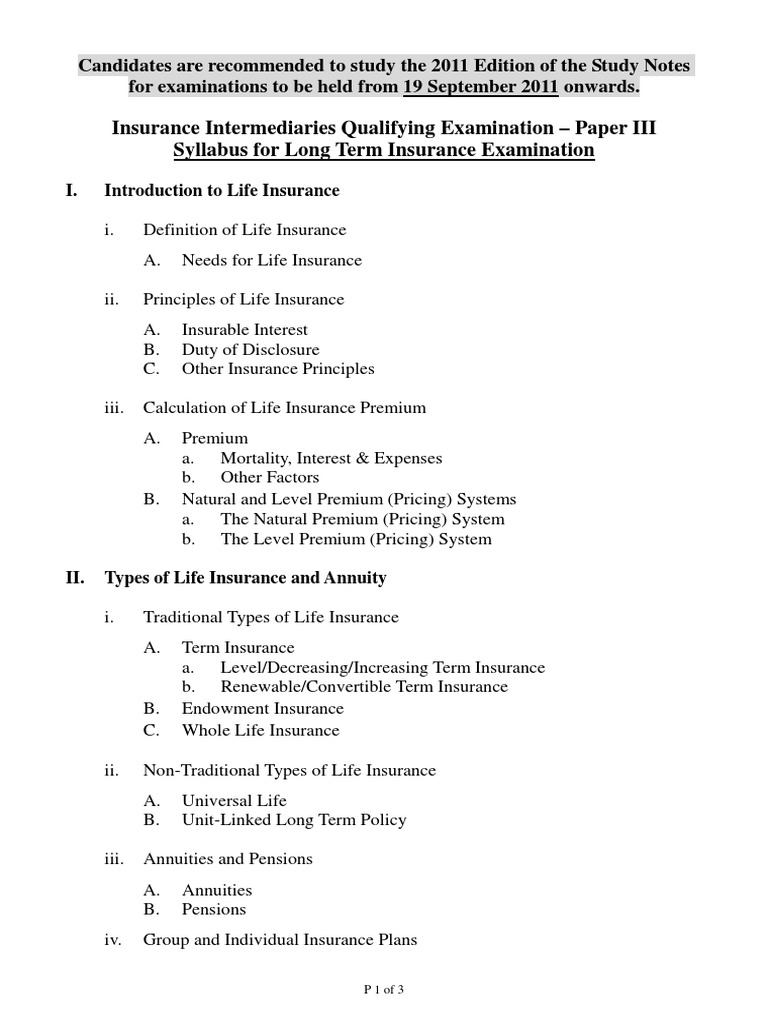 Insurance Intermediaries Qualifying Examination - Paper III Syllabus ...