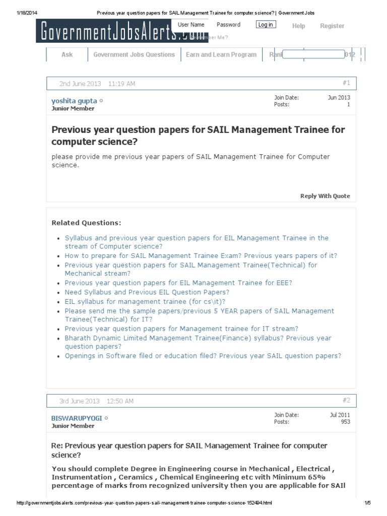 Previous Year Question Papers For SAIL Management Trainee For Computer Science - Government Jobs ...