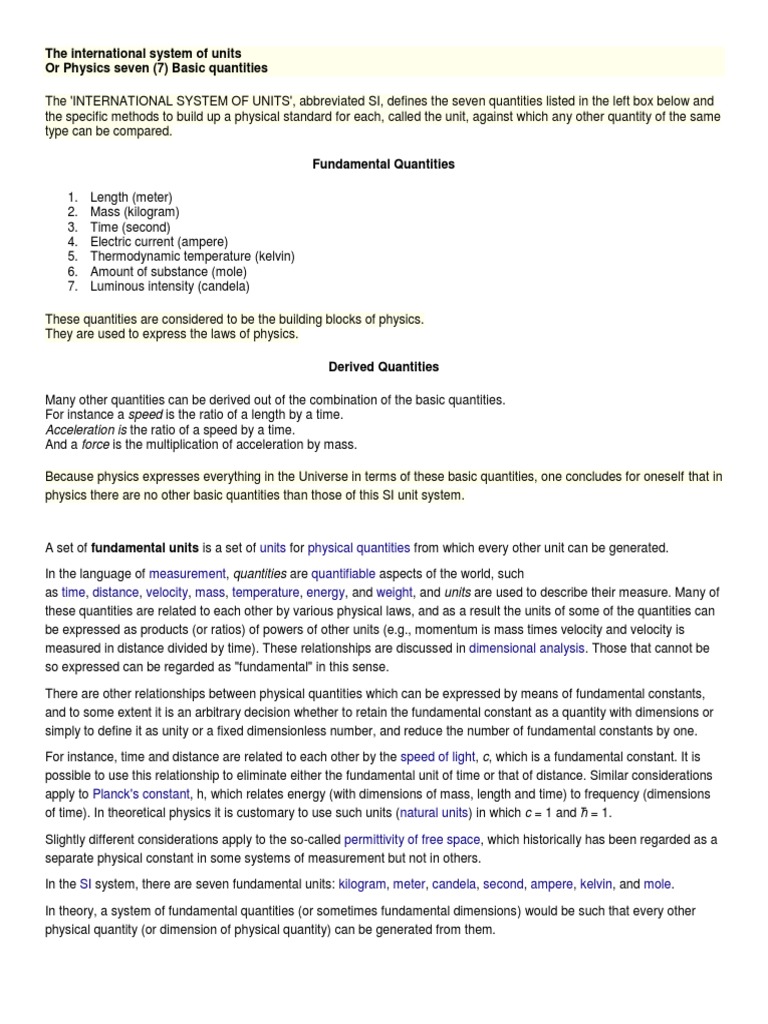 The International System of Units or Physics Seven (7) Basic Quantities ...