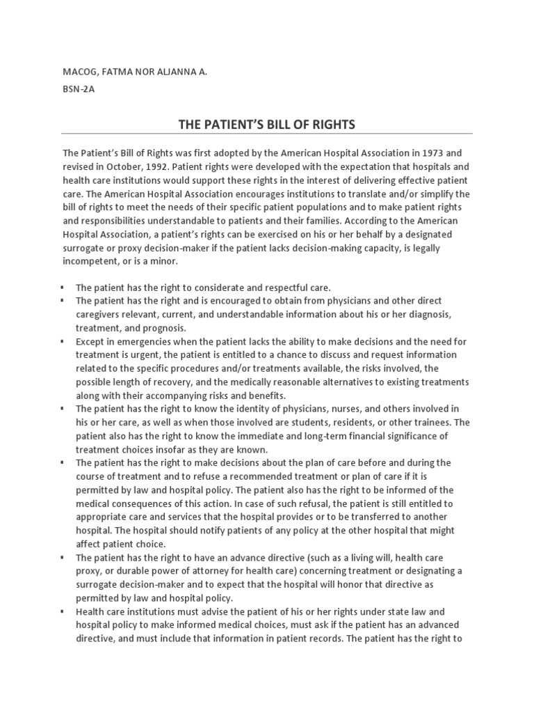Patients Bill of Rights | PDF | Patient | Hospital